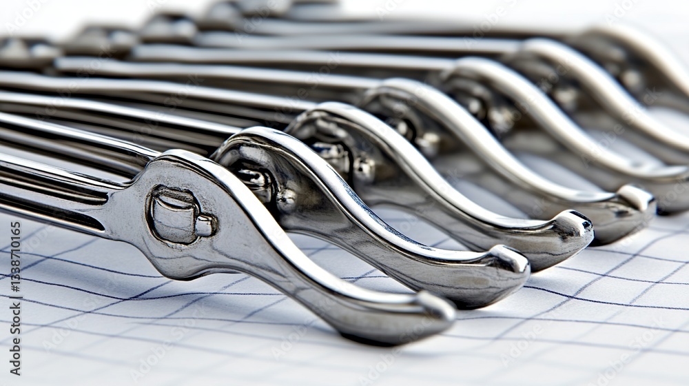 Surgical clamps aligned on graph paper, sterile setting Stock ...