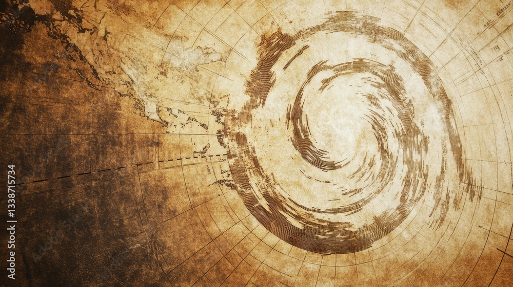 Vintage weathered map with modern hurricane trajectory, blending ...