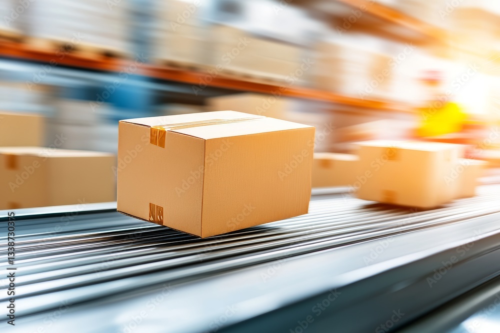 Caja de cartón avanzando a alta velocidad sobre una cinta ...