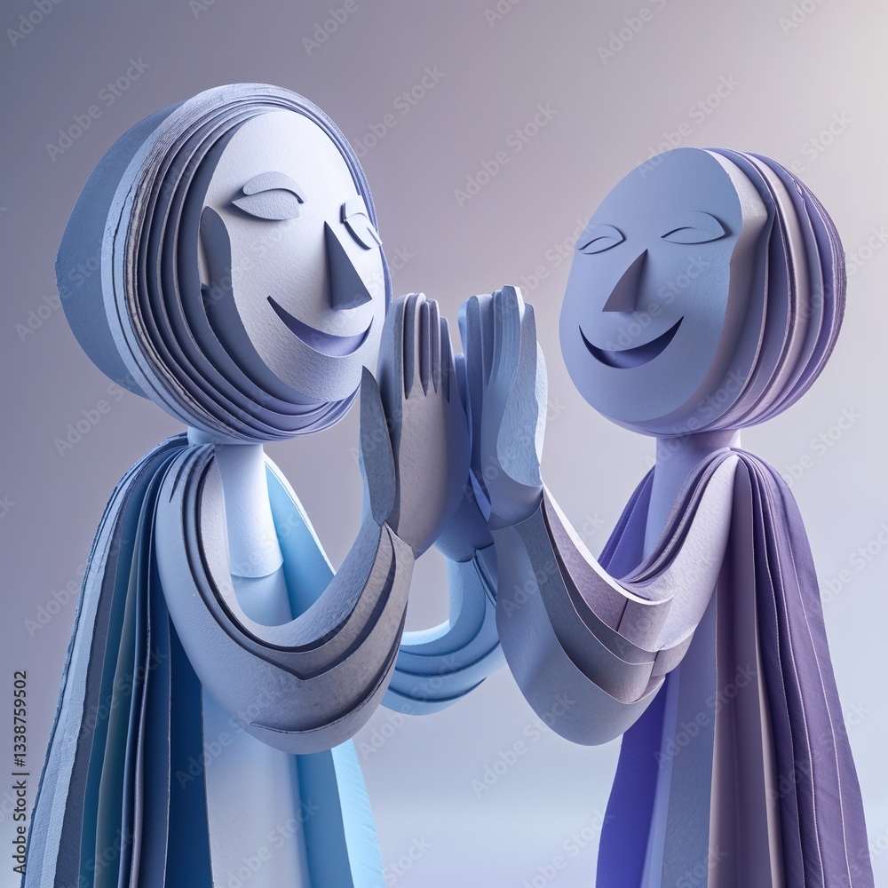 Two stylized figures with layered designs are engaged in a moment of ...