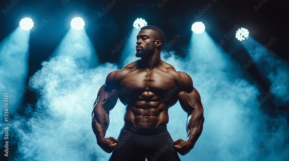 Muscular bodybuilder posing under dramatic lighting, symbolizing ...