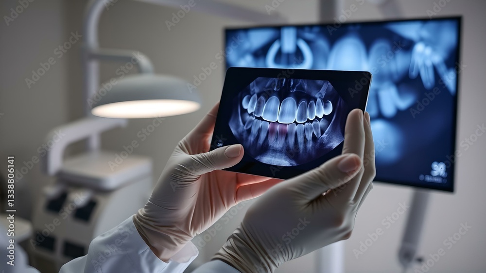 Dentist examining dental X-ray of full set of teeth Concept of ...