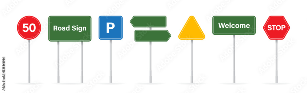 A set of colourful road signs with various shapes and texts, including ...