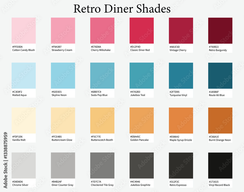 Color Palette 24 Retro Diner Shades - Vintage Classic, Pastel Pink ...