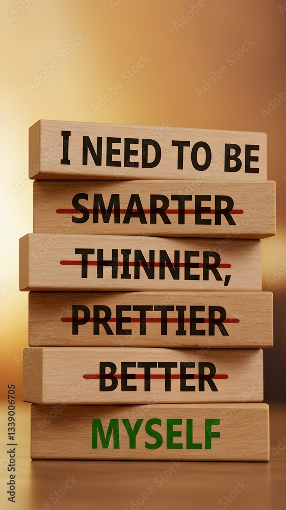 Stacked wooden blocks display "I NEED TO BE" with crossed-out words ...