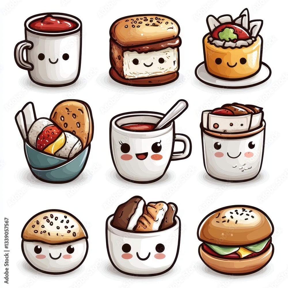 Colorful Cartoon Food Icons Featuring Smiling Characters on a White ...