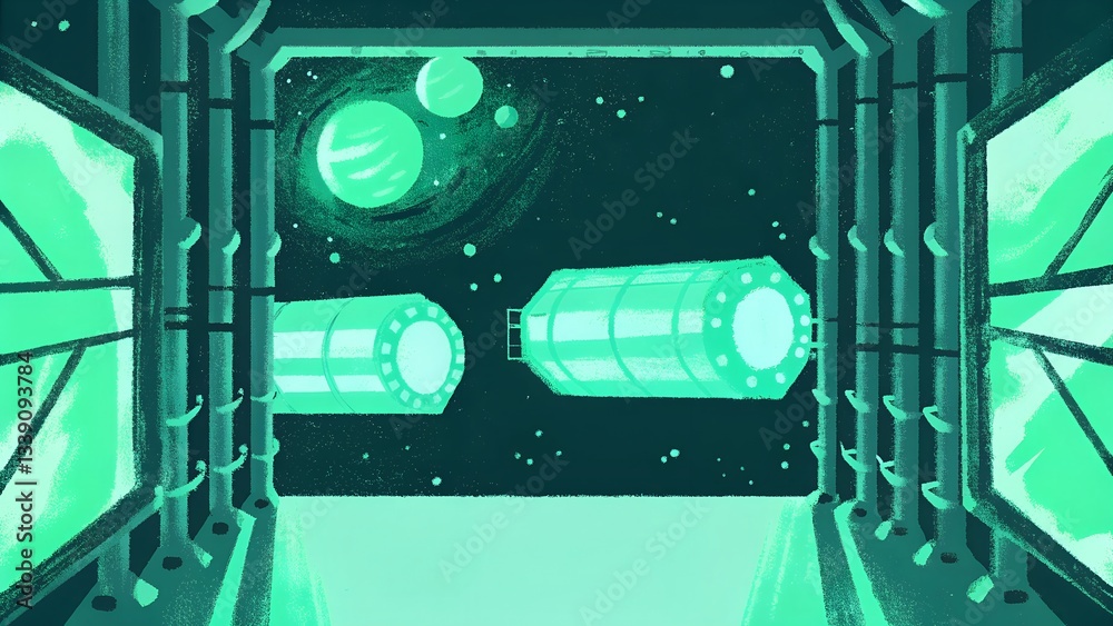 Space station gate, futuristic wallpaper with starry view, sci-fi background Stock Illustration ...