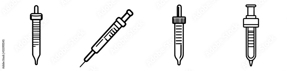 Various types of syringes and pipettes used in laboratory settings for ...