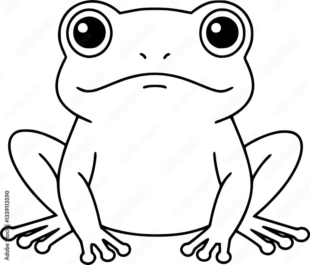 Cute cartoon frog, black and white line drawing, large round eyes ...