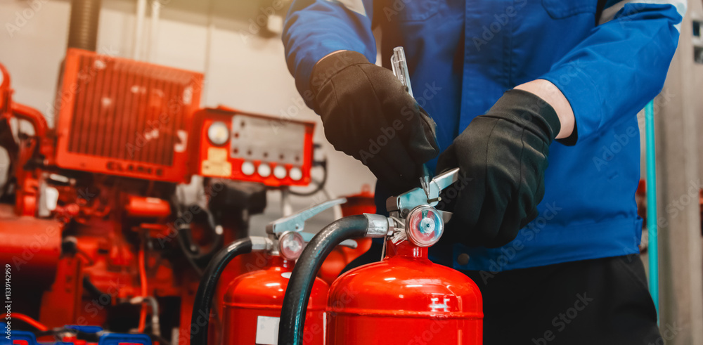 Engineer checks fire extinguisher in fire control room to ensure safety ...