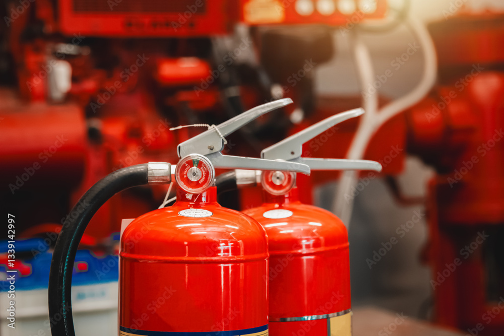 Engineer checks fire extinguisher in fire control room to ensure safety ...