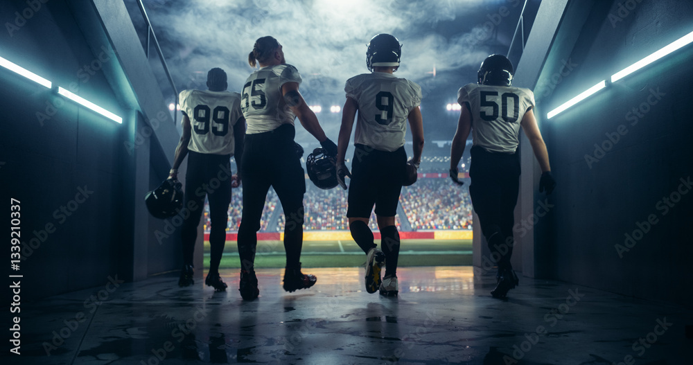 American Football Players Walk Out of Stadium Tunnel for Championship ...
