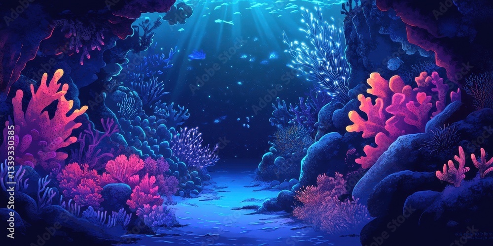 Beautiful underwater scene depicts coral reefs and aquatic life forms ...
