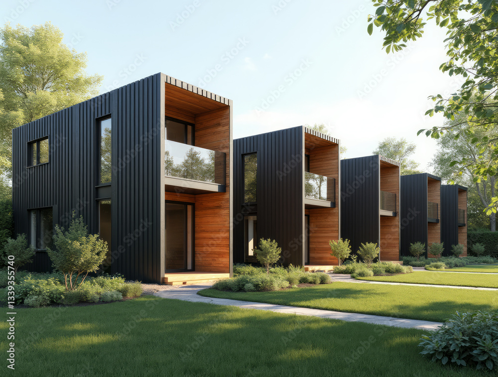 Row of Modern Eco-Friendly Modular Homes Featuring a Minimalist Design ...