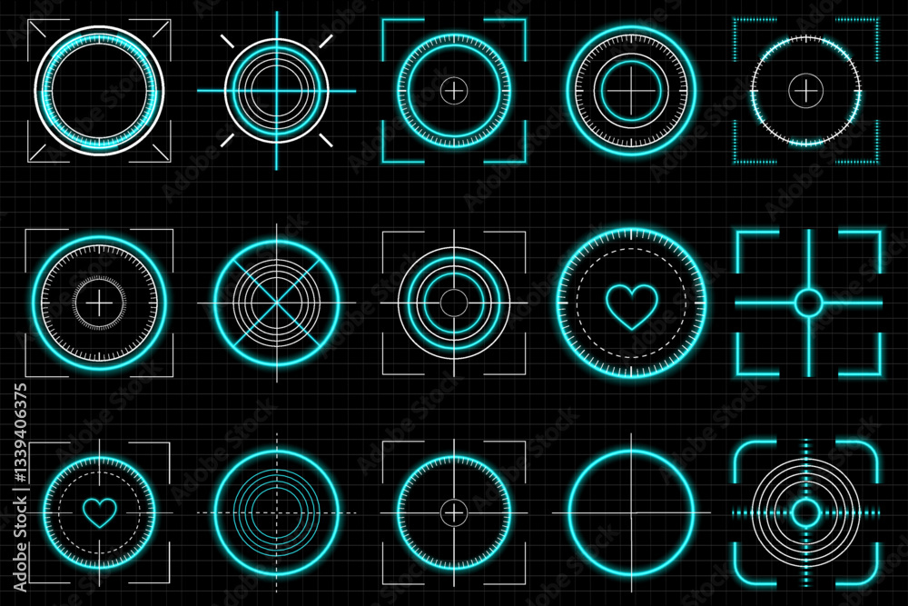 Neon sniper crosshair glows intensely, illuminating futuristic aim ...