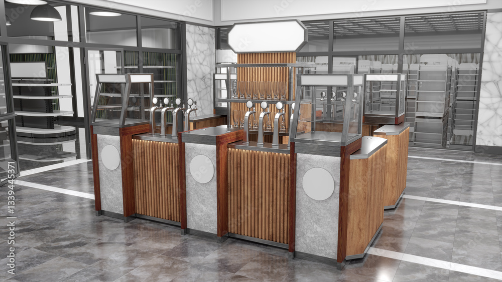 Wood bar counter inside shopping mall. Beer bar counter with beer pump ...