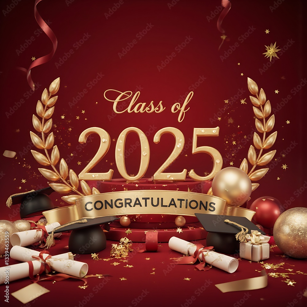 Graduation 2025 party invitation with gold typography, diplomas, black ...