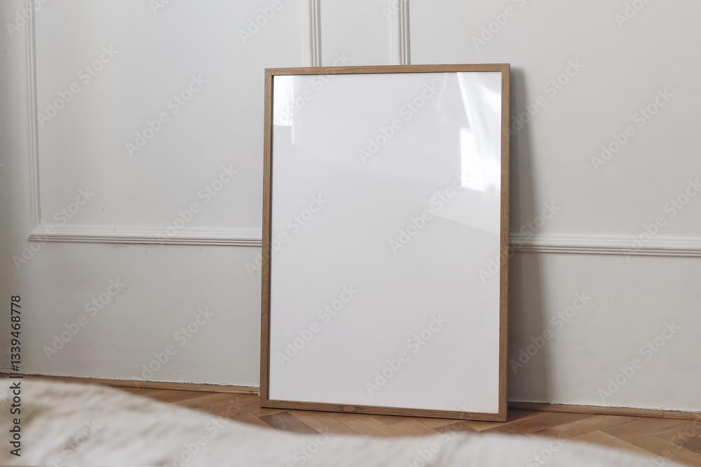 Vertical thin wooden picture frame mockup. Empty frame poster mock-up ...