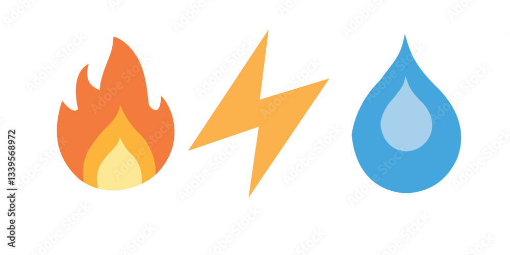Fire lightning water icons energy sources power symbols natural ...
