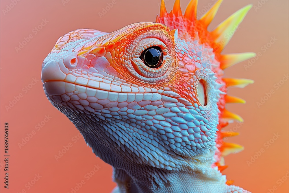 Lizard with orange and white markings on its face. The lizard has a ...