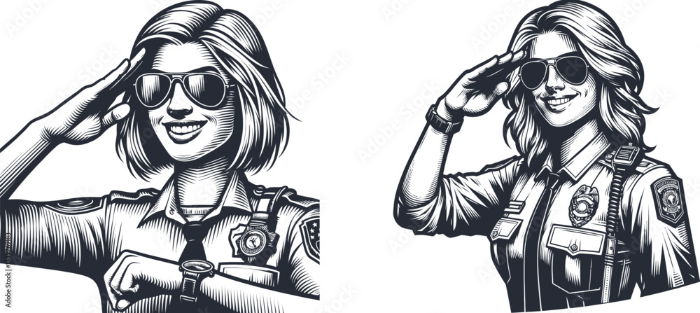 cheerful female police officer saluting with sunglasses and hand a ...