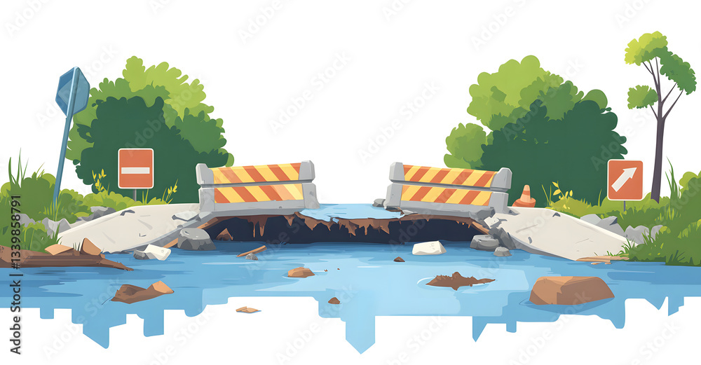 Collapsed Bridge Cartoon Illustration Road Closed, Construction Scene ...