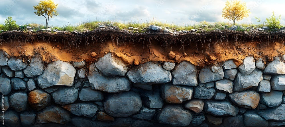 Panorama of soil layers cross section. Roots penetrate various soil ...