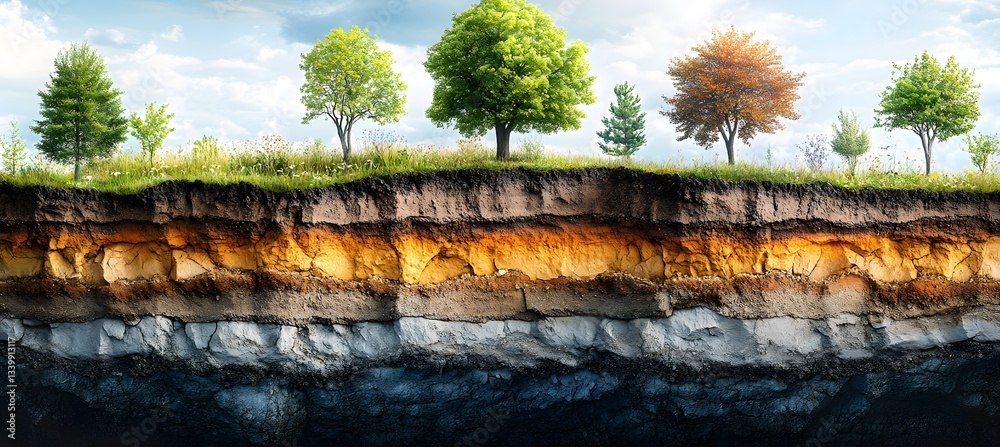 Panorama of soil layers cross section. Roots penetrate various soil ...