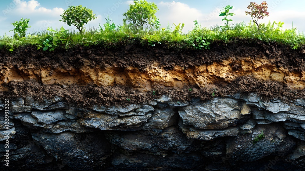 Panorama of soil layers cross section. Roots penetrate various soil ...