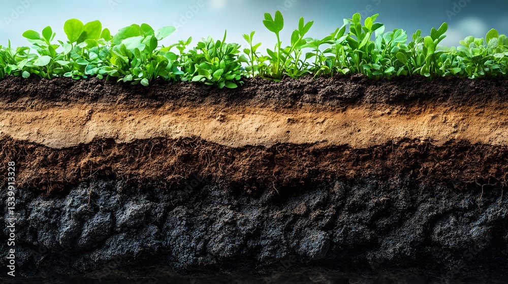 Panorama of soil layers cross section. Roots penetrate various soil ...