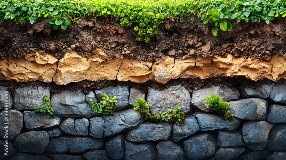 Ilustração do Stock Panorama of soil layers cross section. Roots ...