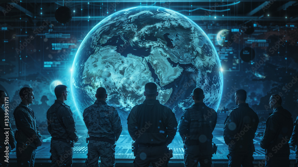 Military personnel silhouettes viewing holographic Earth display in ...