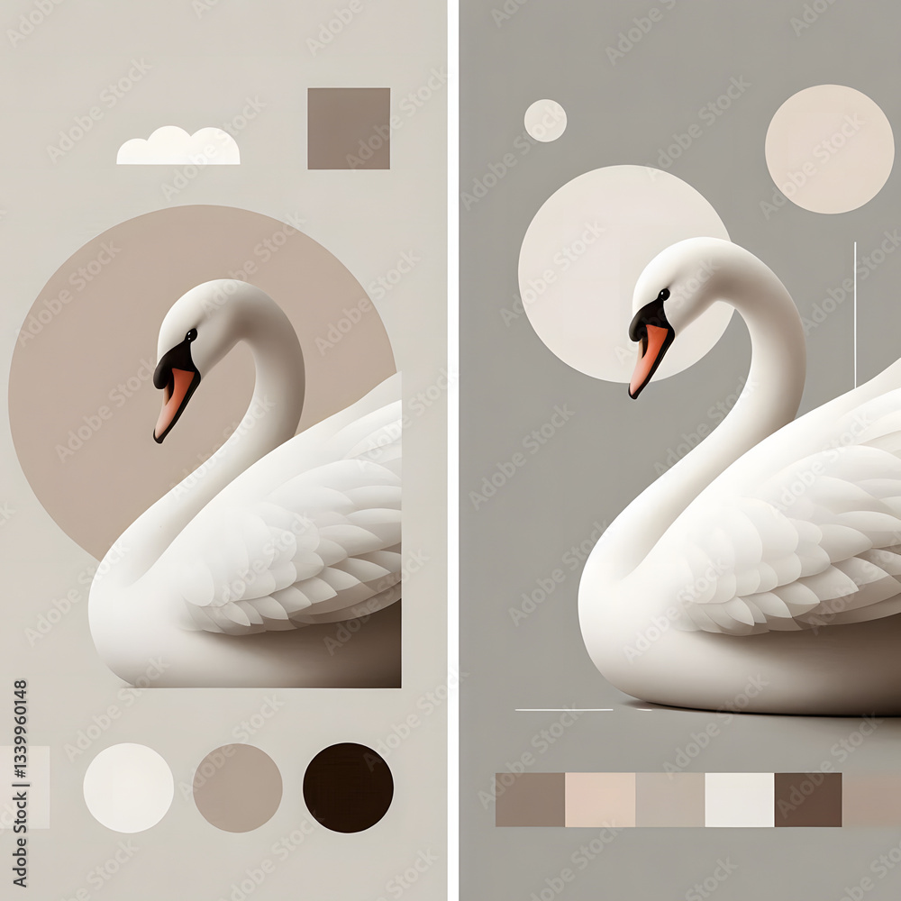 Stylized swan in dual color palettes with geometric shapes and artistic ...