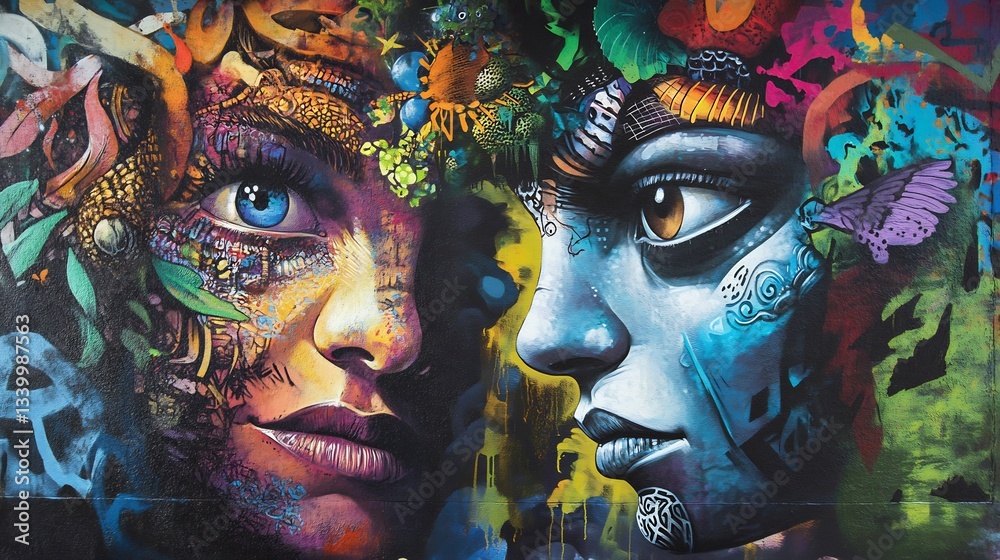 Adam Eve in a graffiti mural with street art elements and cultural ...