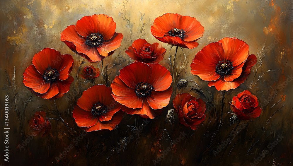 Elegant Red Poppy Oil Painting on Textured Canvas – Floral Art Stock ...