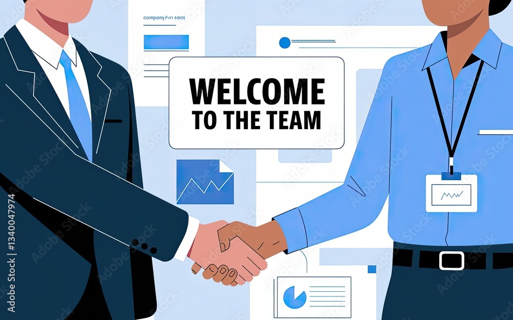 "Welcome to the Team": Depicts a new beginning as hands clasp in a firm ...