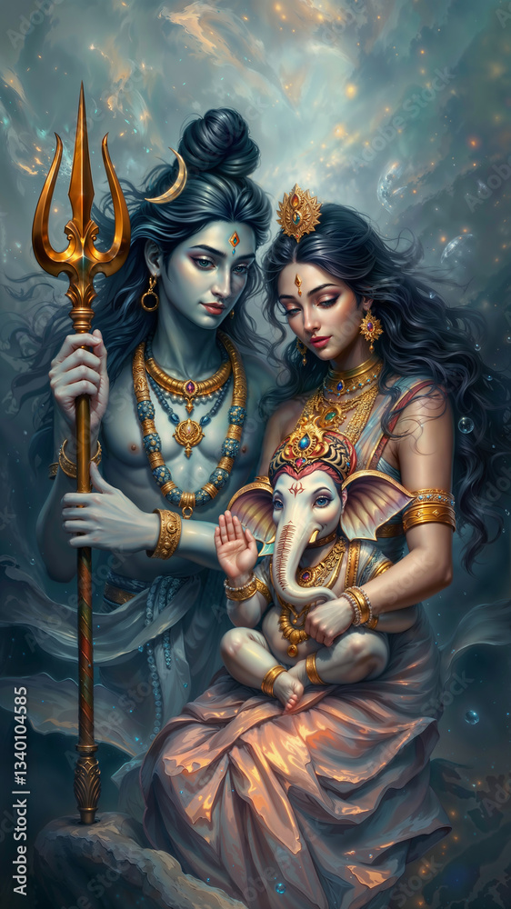 Divine depiction of Hindu deities Lord Shiva, Goddess Parvati, and Lord ...