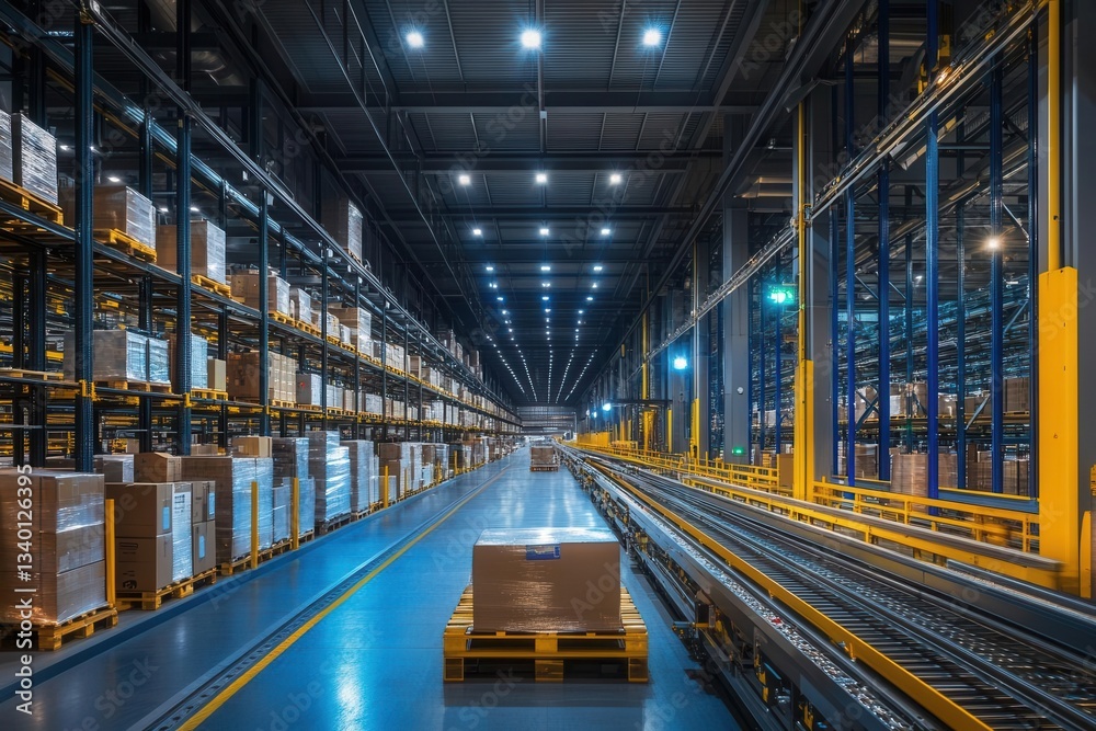 Modern Automated Distribution Center Interior with Robotic Systems and Smart Technology Managing ...