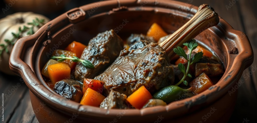 Slow-cooked lamb and vegetables in a broken clay pot, middle eastern ...