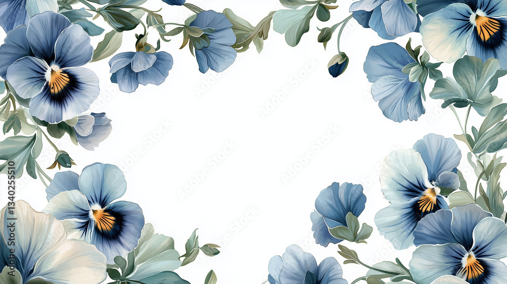 Elegant Blue Pansy Floral Border Botanical Illustration White ...