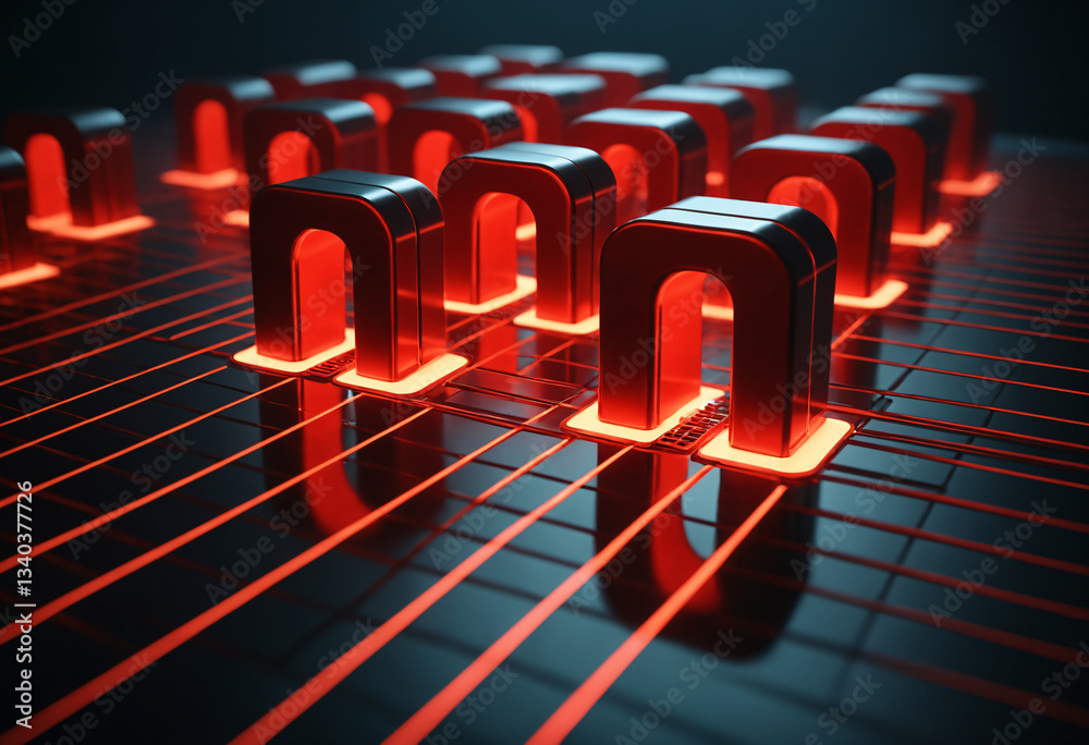 futuristic red glowing u shaped structures with radiant lines and ...