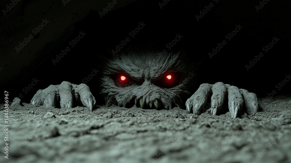 Unleashing Darkness: A terrifying creature with glowing red eyes and menacing claws emerges from ...
