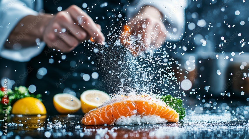 Japanese or Eastern cuisine, Seafood, Chef cooks fish, sprinkled with ...