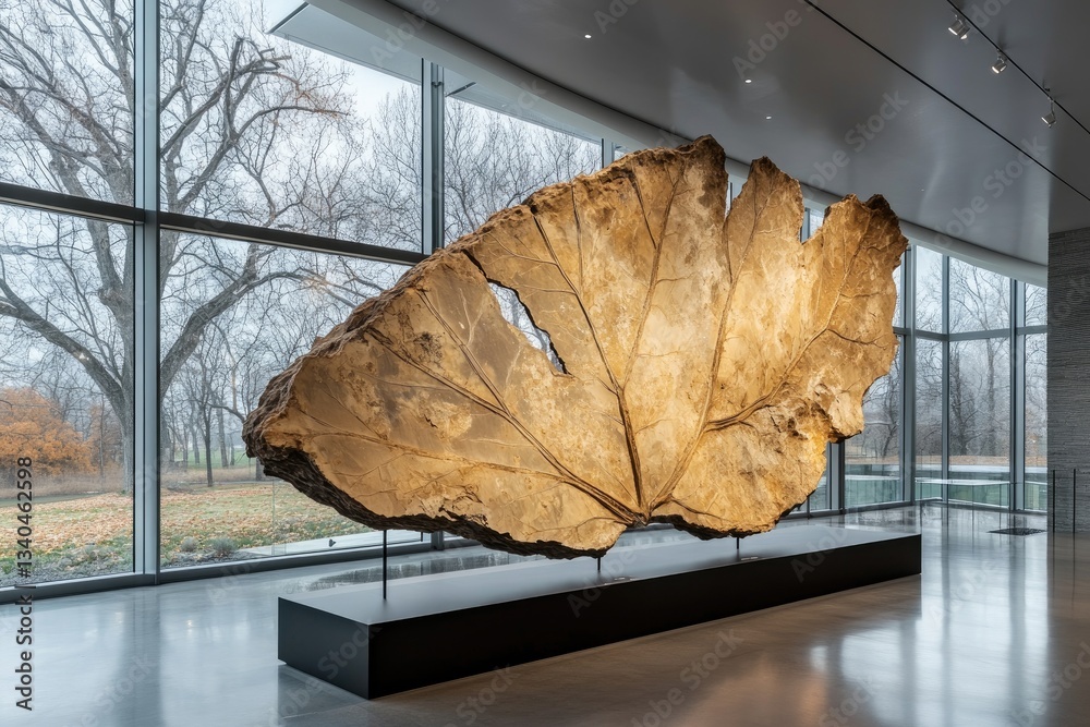 A giant fossilized leaf slab displayed in a modern architectural ...
