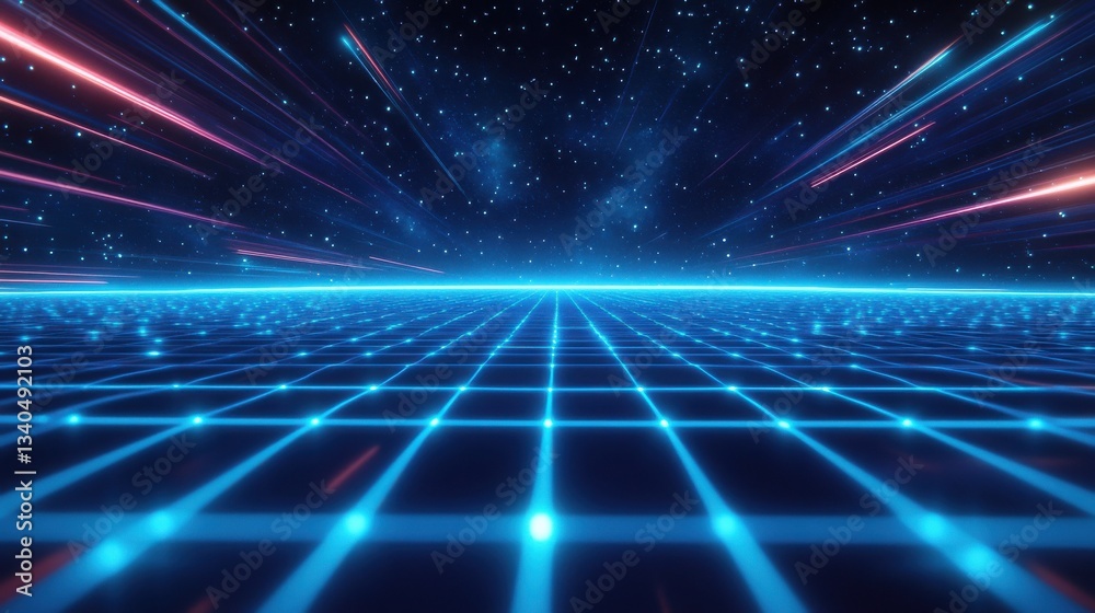 Retro 80s video game background with grid of blue light streaking in ...