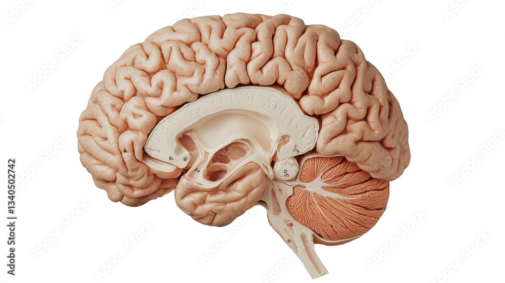 Realistic human brain showing internal structures on transparent ...