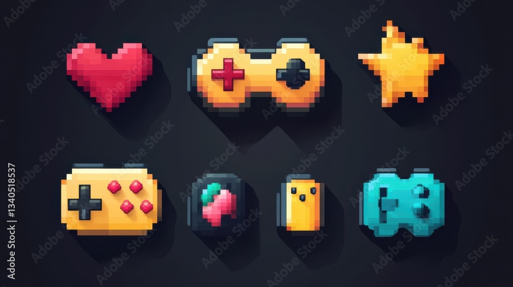 Pixel game icon. Retro video games element, arcade UI button, digital console 8-bit interface ...