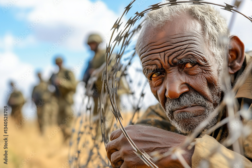minimalist photo of an elderly African man crouching behind barbed wire ...