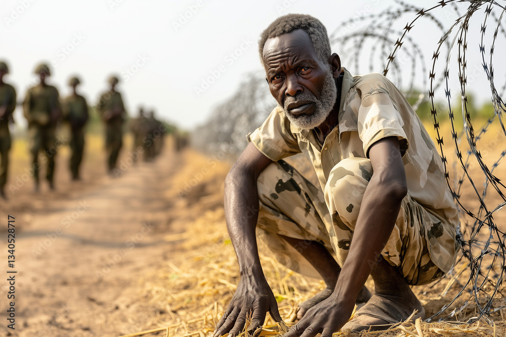 minimalist photo of an elderly African man crouching behind barbed wire ...