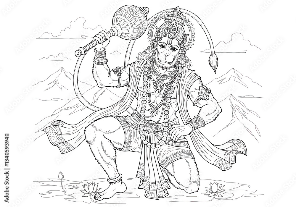Ilustración de Stock Black and white coloring page of Lord Hanuman ...